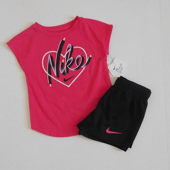 Nike | Matching Sets | Nwt Girls 2pc Nike Pink Black Heart Top Shorts ...